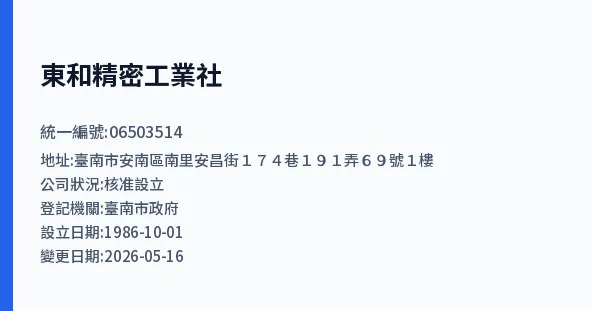 東和精密工業社的照片-統編 06503514(臺南市) 公司登記資料與營業項目詳細圖表