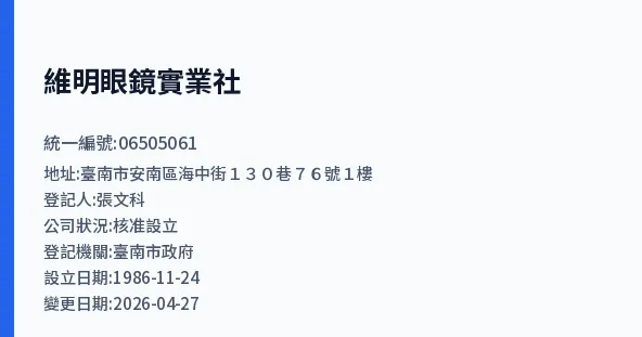 維明眼鏡實業社的照片-統編 06505061(臺南市) 公司登記資料與營業項目詳細圖表