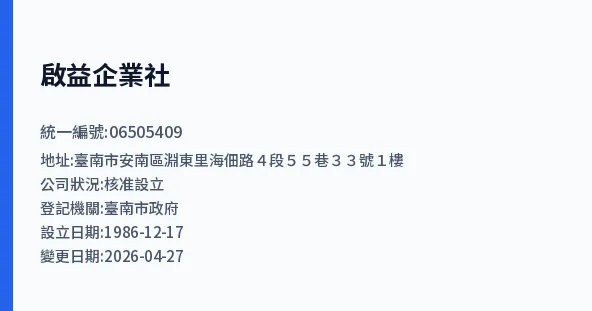 啟益企業社的照片-統編 06505409(臺南市) 公司登記資料與營業項目詳細圖表
