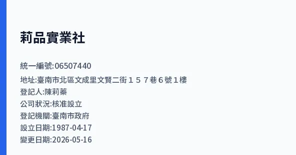 莉品實業社的照片-統編 06507440(臺南市) 公司登記資料與營業項目詳細圖表