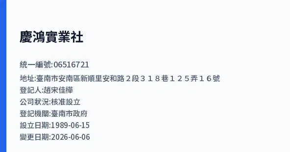 慶鴻實業社的照片-統編 06516721(臺南市) 公司登記資料與營業項目詳細圖表