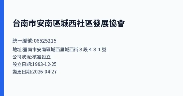 台南市安南區城西社區發展協會的照片-統編 06525215(臺南市) 公司登記資料與營業項目詳細圖表