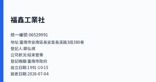福鑫工業社的照片-統編 06529991(臺南市) 公司登記資料與營業項目詳細圖表