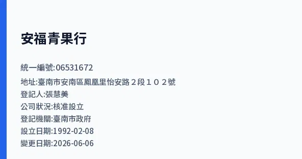 安福青果行的照片-統編 06531672(臺南市) 公司登記資料與營業項目詳細圖表