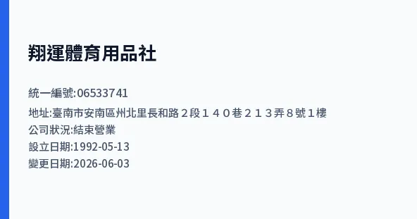 翔運體育用品社的照片-統編 06533741(臺南市) 公司登記資料與營業項目詳細圖表