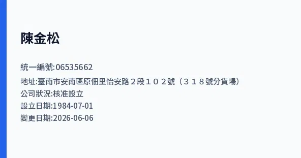 陳金松的照片-統編 06535662(臺南市) 公司登記資料與營業項目詳細圖表