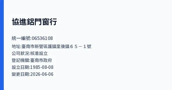協進鋁門窗行的照片-統編 06536108(臺南市) 公司登記資料與營業項目詳細圖表
