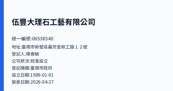 伍豐大理石工藝有限公司的照片-統編 06538540(臺南市) 公司登記資料與營業項目詳細圖表