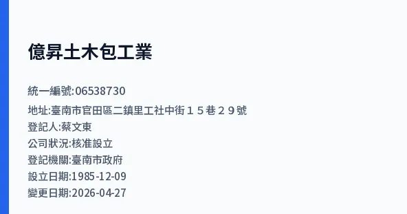 億昇土木包工業的照片-統編 06538730(臺南市) 公司登記資料與營業項目詳細圖表