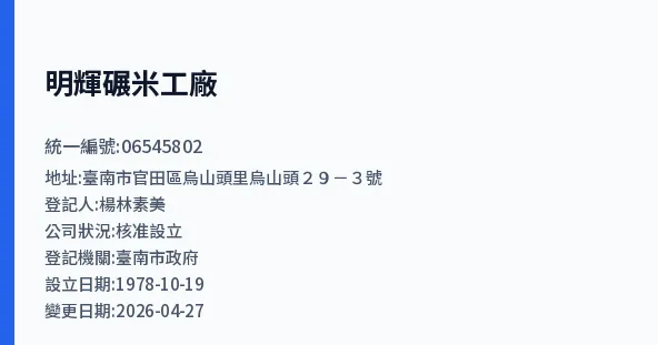 明輝碾米工廠的照片-統編 06545802(臺南市) 公司登記資料與營業項目詳細圖表