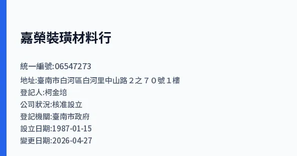 嘉榮裝璜材料行的照片-統編 06547273(臺南市) 公司登記資料與營業項目詳細圖表