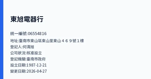 東旭電器行的照片-統編 06554816(臺南市) 公司登記資料與營業項目詳細圖表