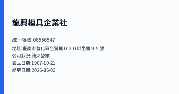 龍興模具企業社的照片-統編 06556547(臺南市) 公司登記資料與營業項目詳細圖表