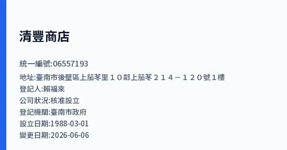 清豐商店的照片-統編 06557193(臺南市) 公司登記資料與營業項目詳細圖表