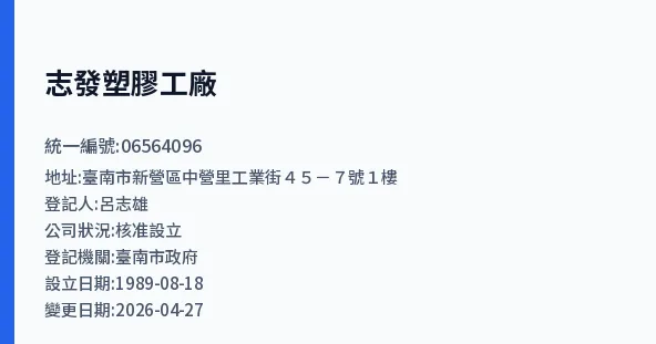 志發塑膠工廠的照片-統編 06564096(臺南市) 公司登記資料與營業項目詳細圖表