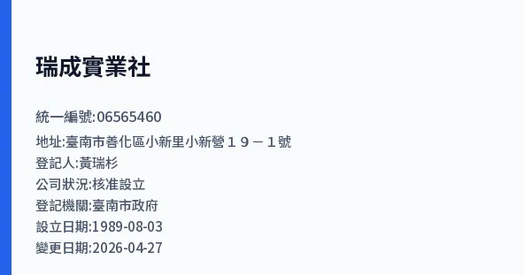 瑞成實業社的照片-統編 06565460(臺南市) 公司登記資料與營業項目詳細圖表
