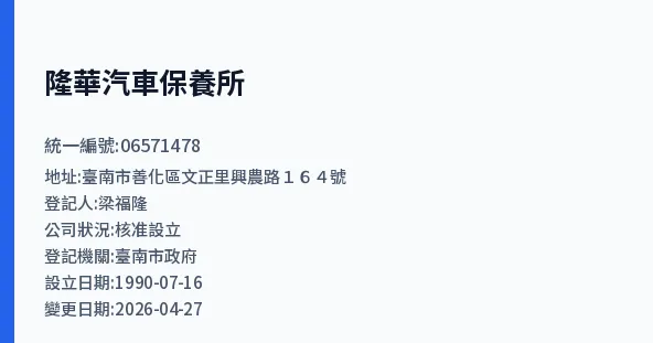隆華汽車保養所的照片-統編 06571478(臺南市) 公司登記資料與營業項目詳細圖表
