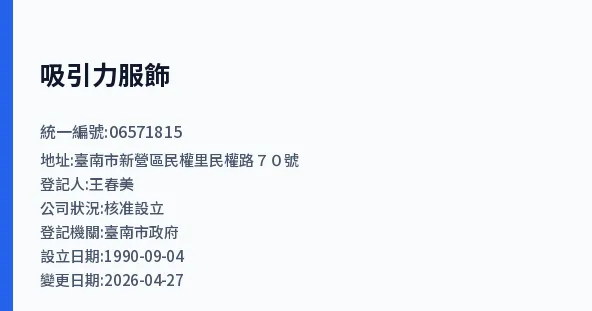 吸引力服飾的照片-統編 06571815(臺南市) 公司登記資料與營業項目詳細圖表