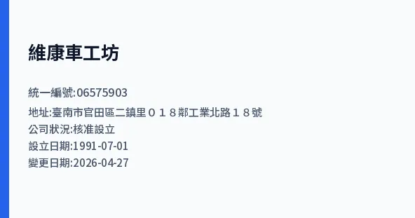 維康車工坊的照片-統編 06575903(臺南市) 公司登記資料與營業項目詳細圖表