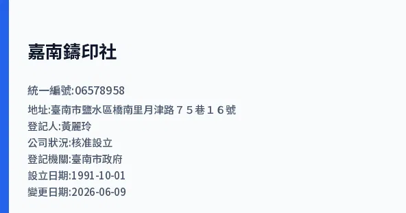 嘉南鑄印社的照片-統編 06578958(臺南市) 公司登記資料與營業項目詳細圖表
