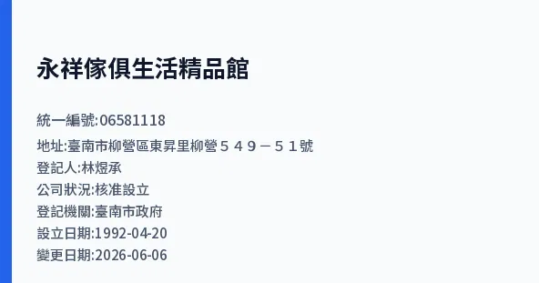 永祥傢俱生活精品館的照片-統編 06581118(臺南市) 公司登記資料與營業項目詳細圖表