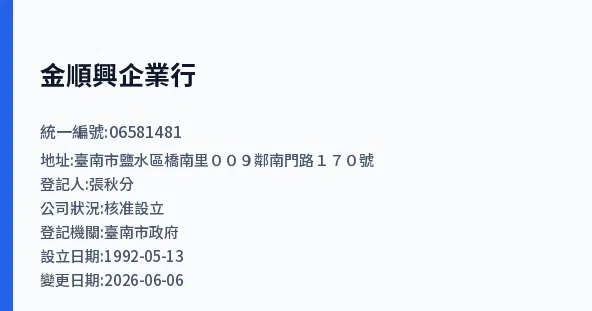 金順興企業行的照片-統編 06581481(臺南市) 公司登記資料與營業項目詳細圖表