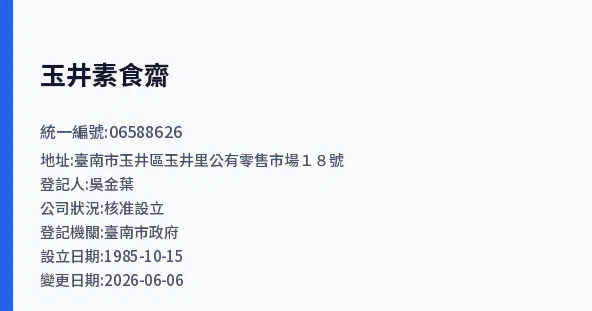 玉井素食齋的照片-統編 06588626(臺南市) 公司登記資料與營業項目詳細圖表