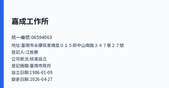 嘉成工作所的照片-統編 06594063(臺南市) 公司登記資料與營業項目詳細圖表