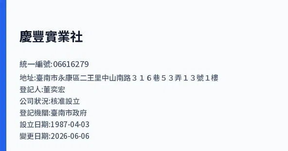慶豐實業社的照片-統編 06616279(臺南市) 公司登記資料與營業項目詳細圖表