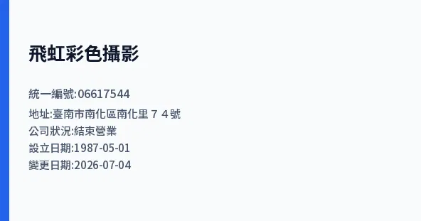 飛虹彩色攝影的照片-統編 06617544(臺南市) 公司登記資料與營業項目詳細圖表