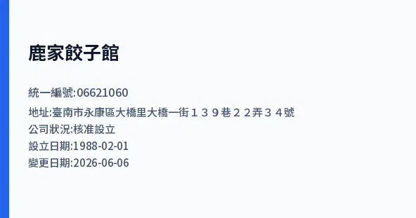 鹿家餃子館的照片-統編 06621060(臺南市) 公司登記資料與營業項目詳細圖表