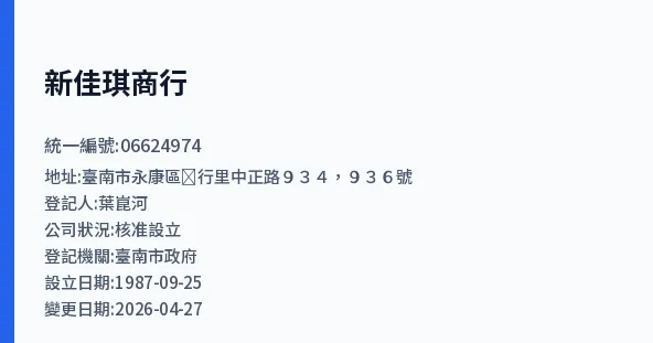 新佳琪商行的照片-統編 06624974(臺南市) 公司登記資料與營業項目詳細圖表