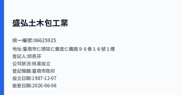 盛弘土木包工業的照片-統編 06625925(臺南市) 公司登記資料與營業項目詳細圖表