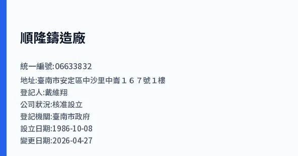 順隆鑄造廠的照片-統編 06633832(臺南市) 公司登記資料與營業項目詳細圖表