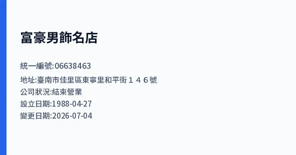 富豪男飾名店的照片-統編 06638463(臺南市) 公司登記資料與營業項目詳細圖表