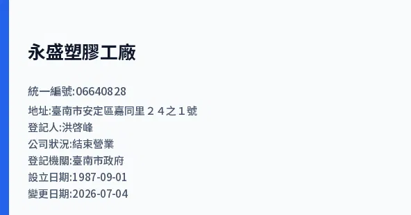 永盛塑膠工廠的照片-統編 06640828(臺南市) 公司登記資料與營業項目詳細圖表