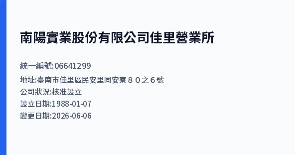 南陽實業股份有限公司佳里營業所的照片-統編 06641299(臺南市) 公司登記資料與營業項目詳細圖表