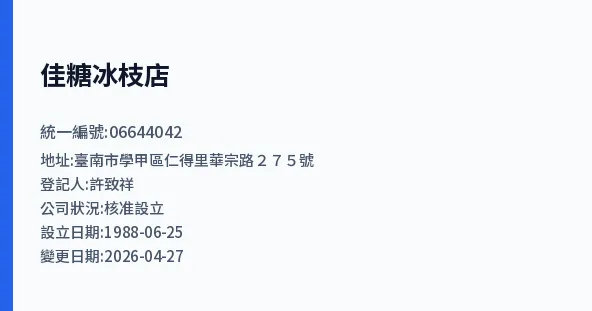 佳糖冰枝店的照片-統編 06644042(臺南市) 公司登記資料與營業項目詳細圖表