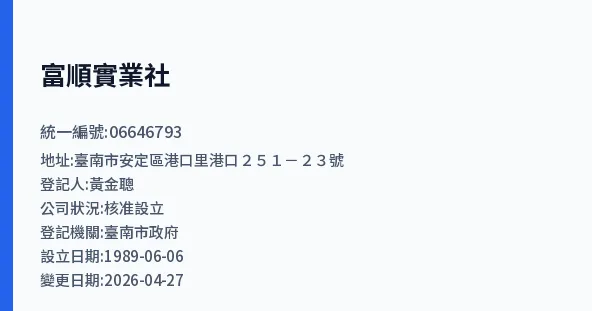 富順實業社的照片-統編 06646793(臺南市) 公司登記資料與營業項目詳細圖表