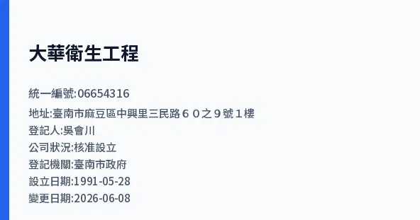 大華衛生工程的照片-統編 06654316(臺南市) 公司登記資料與營業項目詳細圖表
