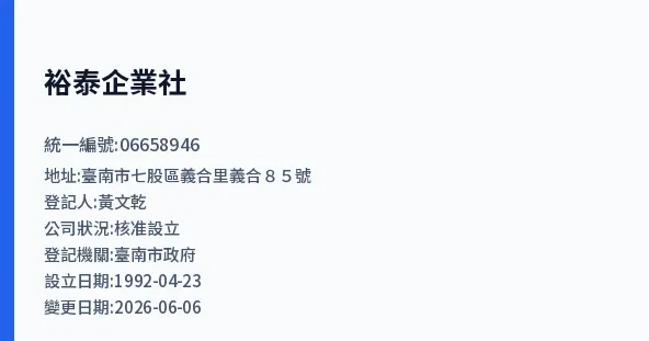 裕泰企業社的照片-統編 06658946(臺南市) 公司登記資料與營業項目詳細圖表