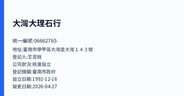 大灣大理石行的照片-統編 06662765(臺南市) 公司登記資料與營業項目詳細圖表