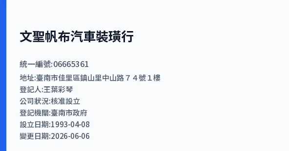 文聖帆布汽車裝璜行的照片-統編 06665361(臺南市) 公司登記資料與營業項目詳細圖表