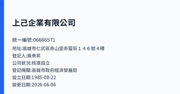 上己企業有限公司的照片-統編 06666571(高雄市) 公司登記資料與營業項目詳細圖表
