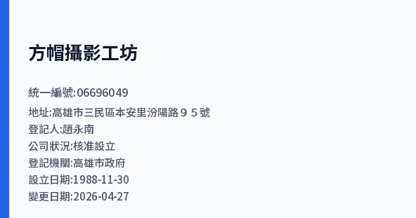 方帽攝影工坊的照片-統編 06696049(高雄市) 公司登記資料與營業項目詳細圖表