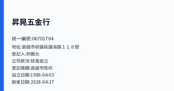 昇晃五金行的照片-統編 06701704(高雄市) 公司登記資料與營業項目詳細圖表