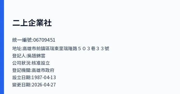二上企業社的照片-統編 06709451(高雄市) 公司登記資料與營業項目詳細圖表