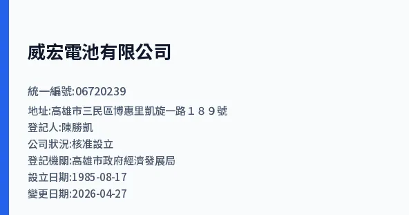 威宏電池有限公司的照片-統編 06720239(高雄市) 公司登記資料與營業項目詳細圖表