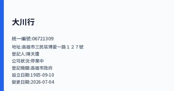 大川行的照片-統編 06721309(高雄市) 公司登記資料與營業項目詳細圖表
