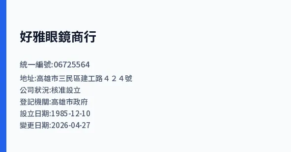 好雅眼鏡商行的照片-統編 06725564(高雄市) 公司登記資料與營業項目詳細圖表